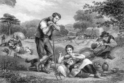 'Farmer with Pitchfork Watches Family' Giclee Print | AllPosters.com