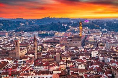 'Florence, Italy aerial view at sunset with famous historic landmarks ...