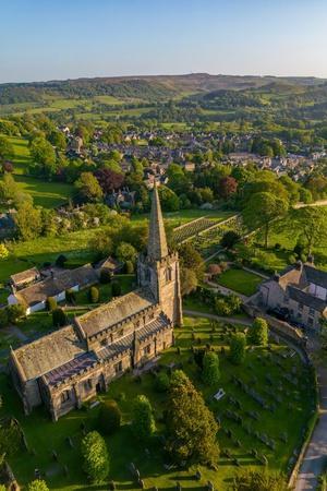 'Aerial view of church and village of Hathersage village, Peak District ...