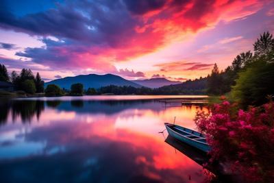 'Tranquil mountain lake at sunrise or sunset. (AI Generated)' Prints ...