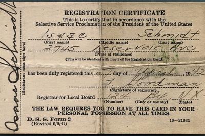 'Front Side of Selective Service Registration Certificate' Photographic ...