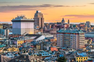 'Genoa, Liguria, Italy downtown city skyline from above at dusk' Photo ...