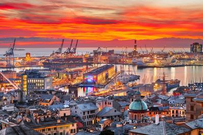 'Genova, Italy downtown skyline on the port at dusk' Photo | AllPosters.com