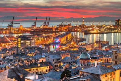 'Genova, Italy downtown skyline on the port at dusk' Photo | AllPosters.com