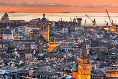 'Genova, Italy downtown skyline with historic towers at dusk' Photo ...