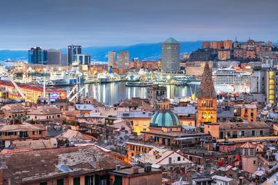 'Genova, Italy downtown skyline with historic towers at dusk' Photo ...