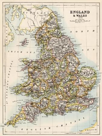 'Geographic Map of England and Wales, circa 1870. 19Th Century Colour ...