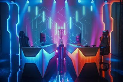 Two Person Empty Computer Gaming Esports Championship Arena with Winner ...