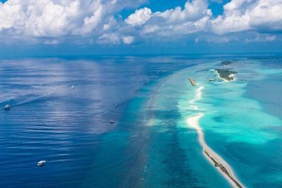 'Group of atolls and islands in Maldives from aerial view. Beautiful ...