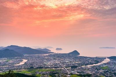 'Hagi, Yamaguchi, Japan town skyline at dusk on the Sea of Japan from ...