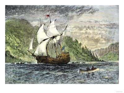 'Henry Hudson's Ship, Half-Moon, Ascending the Hudson River, c.1609 ...
