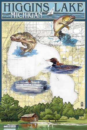 'Higgins Lake, Michigan - Lake Chart' Prints - Lantern Press ...