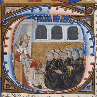 'Historiated Initial depicting King Henry VII receiving the book ...