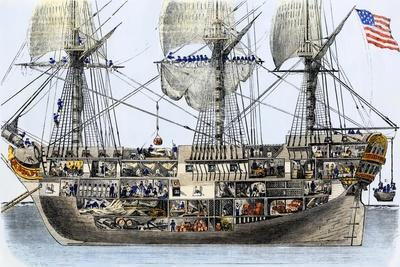 Hull of an American Man-Of-War Cut Open Amidships, Showing Deck Plans ...