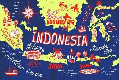 'Illustrated Map of Indonesia' Posters - Daria_I | AllPosters.com
