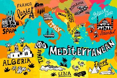 'Illustrated Map of Mediterranean' Posters - Daria_I | AllPosters.com