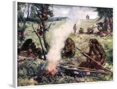 'Illustration of Neanderthal Man Sitting Around Fire Holding Lance Like ...