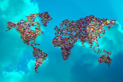 'Illustration of World Map Made from World Flags on Cloudy Sky' Posters ...