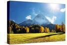 Incredible autumn view at Italian Dolomite Alps. Orange larches forest ...