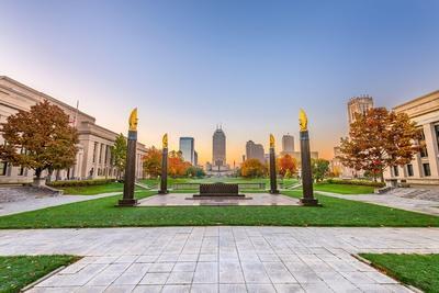 'Indianapolis, Indiana, USA monuments and downtown skyline at dusk ...