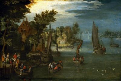 'The Lively Bank of a River, with Dutch Boats and Passengers Boarding a ...