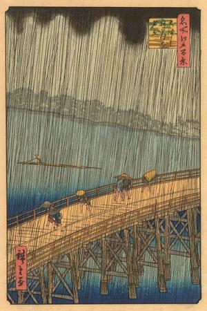 'Japanese Woodblock, Crossing Bridge in Rain' Prints | AllPosters.com