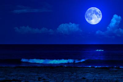 'Midnight Sea Landscape with a Full Moon and Waves Breaking on the ...