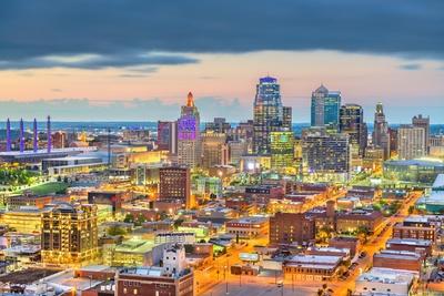 Kansas City, Missouri, USA downtown cityscape at twilight from above ...