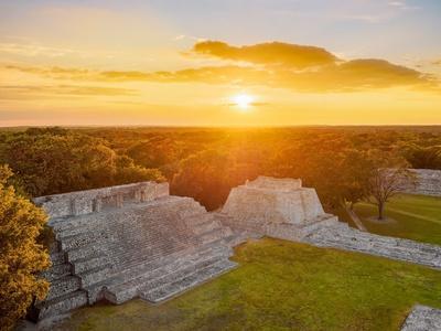 'Great Acropolis at sunset, elevated view, Edzna Archaeological Site ...