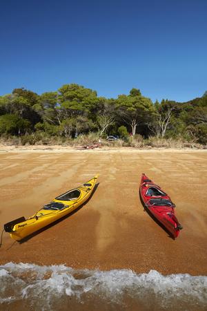 'Kayaks and campsite, Te Pukatea Bay, Abel Tasman NP, Nelson Region ...