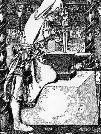 'King Arthur Drew Forth the Sword Excalibur from an Anvil Illustration ...