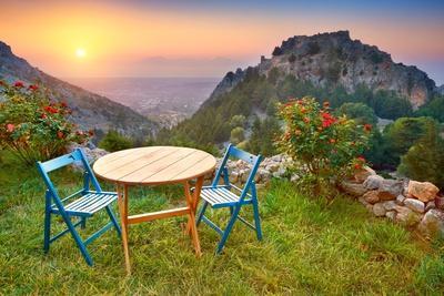 Kos Island, Greece, sunset landscape view from Old Pili village tavern ...
