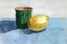 'Watercolor Cubism Still Life with Glazed Green Ceramic Jug and Lemon ...