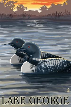 'Lake George, New York - Loons at Sunset' Poster - Lantern Press ...