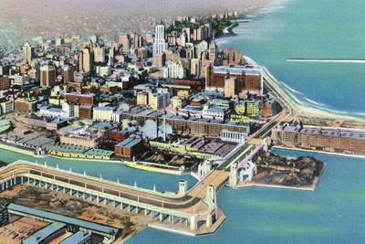'Chicago, Illinois, Aerial View of the Outer Drive Link Bridge and City ...