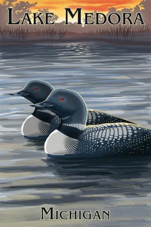 'Lake Medora, Michigan - Loon Family - Lantern Press Artwork' Prints ...