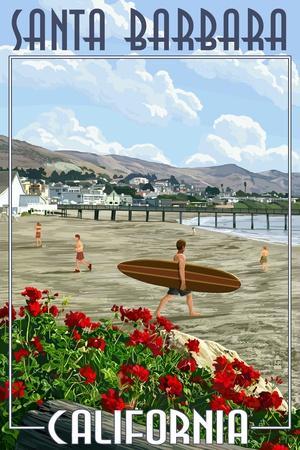 'Santa Barbara, California -Beach & Pier Scene - Lantern Press Artwork ...