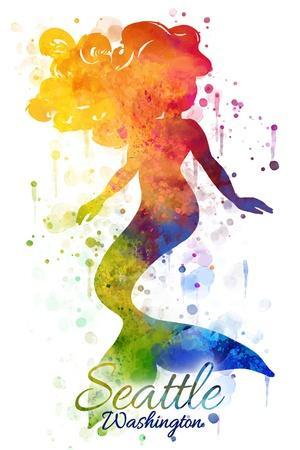 Seattle, Washington - Mermaid Silhouette - Rainbow Watercolor - Lantern ...