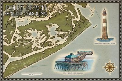 'South Carolina - Folly Beach - Map - Lantern Press Artwork' Posters ...