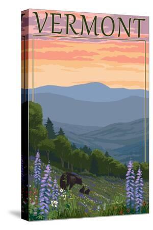 'Vermont - Spring Flowers and Bear Family' Stretched Canvas - Lantern ...