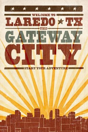'Laredo, Texas - Skyline and Sunburst Screenprint Style' Print ...