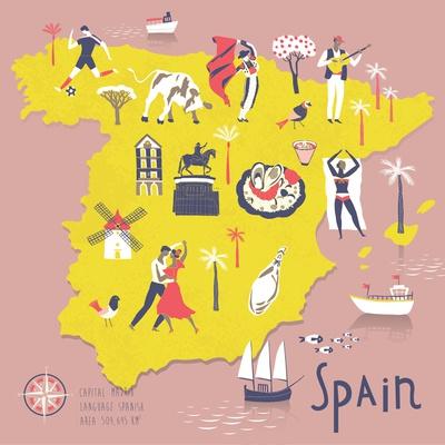 Cartoon Map of Spain with Legend Icons - Lavandaart | AllPosters.com