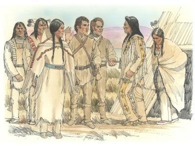 'Lewis, Clark, and Sacagawea Meeting a Group of Four Indians in Front ...