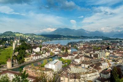 Lucerne, Switzerland. Aerial view of the old town, Lucerne city wall ...