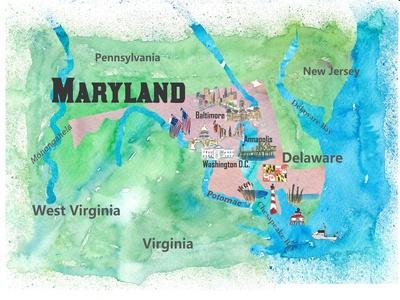 USA Maryland Travel Poster Map With Highlights And FavoritesL Art - M ...