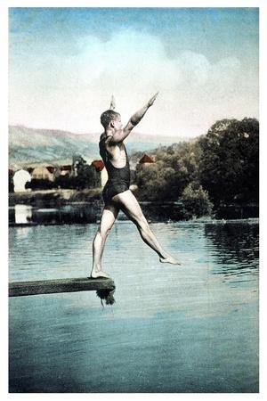 Man in Swimsuit Executing a Dive in a Lake (Diving Board). Photography ...