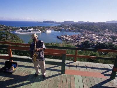 'Man Playing a Saxophone at Morne Fortune, with a View Over Castries ...
