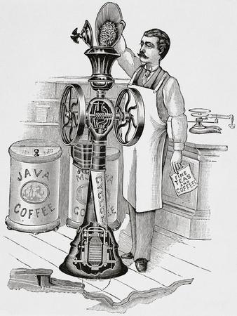 'Man Pouring Coffee Beans into Grinding Machine' Giclee Print ...