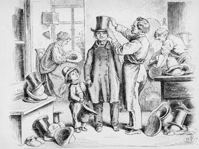 'Man Trying on Stovepipe Hat in 1867 Hatmaker Shop' Giclee Print ...
