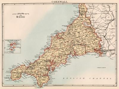 'Map of Cornwall (Plateau or Peninsula of Cornwall, England), circa ...
